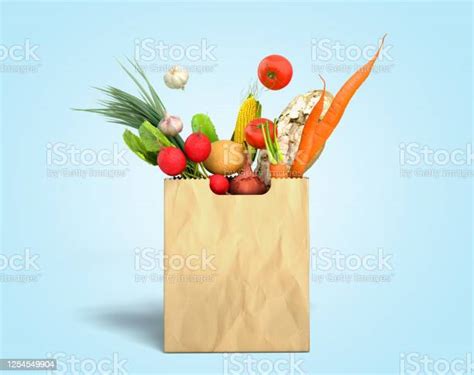 블루 그라데이션에 3d 렌더 제품을 위한 종이 봉투에 담긴 신선한 음식 3차원 형태에 대한 스톡 사진 및 기타 이미지 3차원 형태 가지 채소 감자 요리 Istock