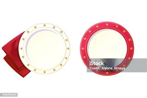 휴일 접시 황금빛 별이 있는 밝은 빈 접시 탑 뷰 테두리 장식 크리스마스 장식 흰색 배경에 격리된 만화 스타일의 축제 냅킨 벡터 그림 겨울에 대한 스톡 벡터 아트 및 기타