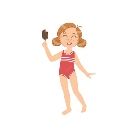 Girl In Swimsuit Eating Icecream On A Stick Premium Vector