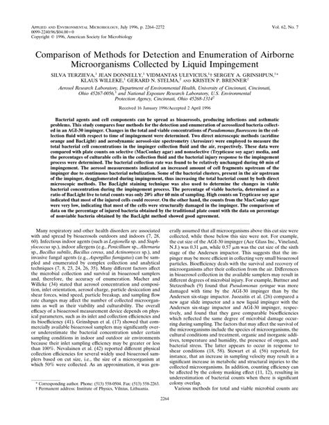 Pdf Comparison Of Methods For Detection And Enumeration Of Airborne Microorganisms Collected