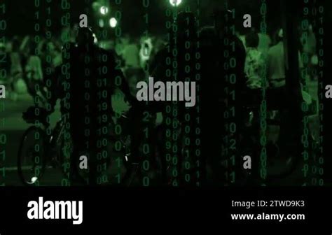 Police Controlling A Crowd With Binary Computer Code Scrolling Stock