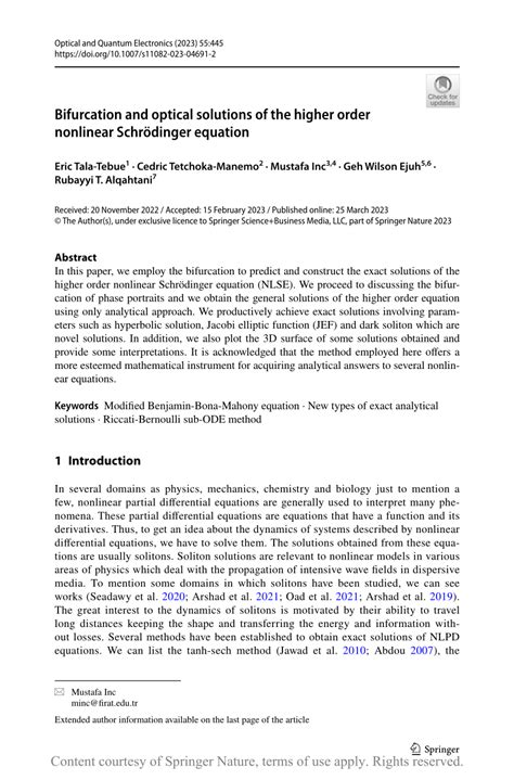 Bifurcation And Optical Solutions Of The Higher Order Nonlinear Schrödinger Equation Request Pdf