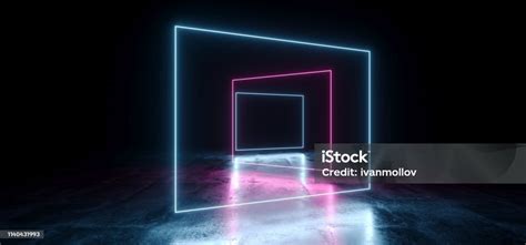 어두운 빈 검은 색 사각형 프레임 네온 빛나는 레이저 형광 가상 현실 블루 퍼플 활기찬 조명 그런 지 콘크리트 반사 바닥 빈 홀 룸 터널 3d 렌더링 0명에 대한 스톡 사진