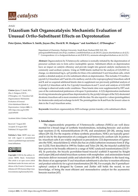 PDF Triazolium Salt Organocatalysis Mechanistic Evaluation Of Unusual Ortho Substituent