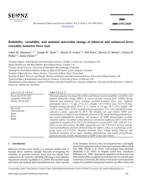 PDF Reliability Variability And Minimal Detectable Change Of Bilateral And Unilateral Lower