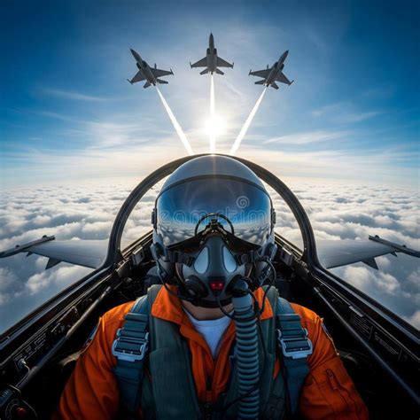 View From A Fighter Pilot S Cockpit Amidst A Fiery Aerial Battle Stock