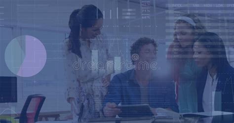 Image Of Statistical Data Processing Against Group Of Diverse Colleagues Discussing At Office