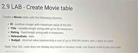 Solved 29 Lab Create Movie Table Create A Movie Table With The Following Columns Id Posit