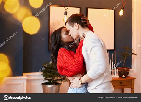 Interracial Married Couple Kissing On Valentines Day Holiday A Guy