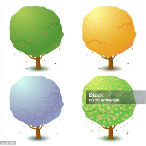 일년 중 계절에 따라 4그루의 양식에 일치시키는 나무 세트 게임 Ui 플랫 흰색 배경에 격리 0명에 대한 스톡 벡터 아트 및 기타 이미지 Istock
