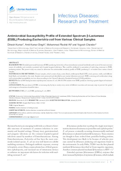 Pdf Antimicrobial Susceptibility Profile Of Extended Spectrum β