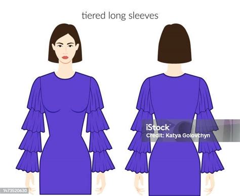 티어드 슬리브 긴 길이의 옷 캐릭터 레이디 블루 탑 셔츠 드레스 테크니컬 패션 일러스트레이션에 몸에 맞춥니다 플랫 의류 템플릿 앞면 뒷면 여성 남성 남녀 공용 Cad 모형