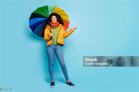 아름 다운 어두운 피부 아가씨 의 풀 사이즈 사진 홀드 화려한 우산 을 나타내는 손가락 빈 공간 참신 한 제품 착용 오버 코트 청바지 스웨터 스카프 고립 된 블루 컬러 배경