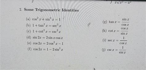 Solved 2 Some Trigonometric Identities A Cos2x Sin2x 1