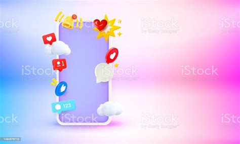 비디오 소셜 미디어 요소 및 빈 화면이 있는 최신 스마트폰 복사 공간이 있는 3d 벡터 배너 3차원 형태에 대한 스톡 벡터 아트 및 기타 이미지 Istock