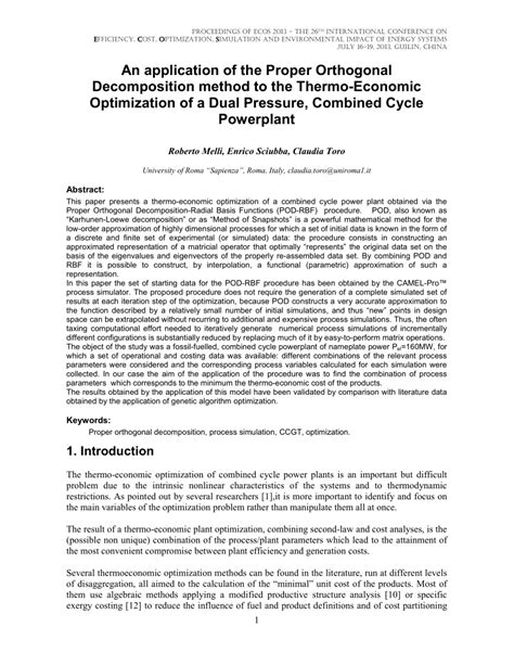 PDF An Application Of The Proper Orthogonal Decomposition Method To The Thermo Economic