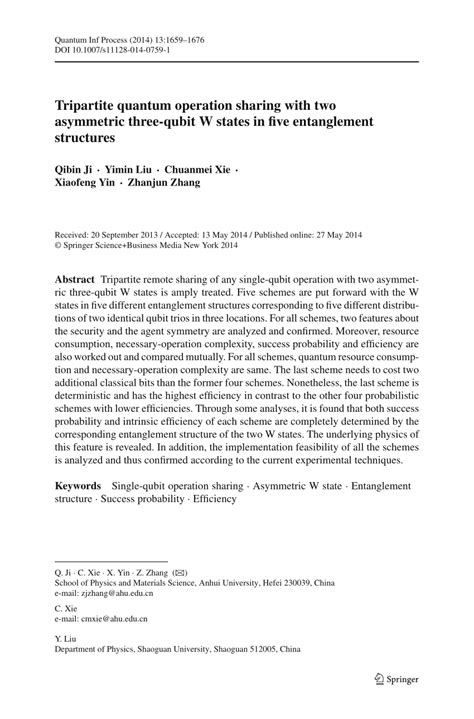 Pdf Tripartite Quantum Operation Sharing With Two Asymmetric Three Qubit W States In Five