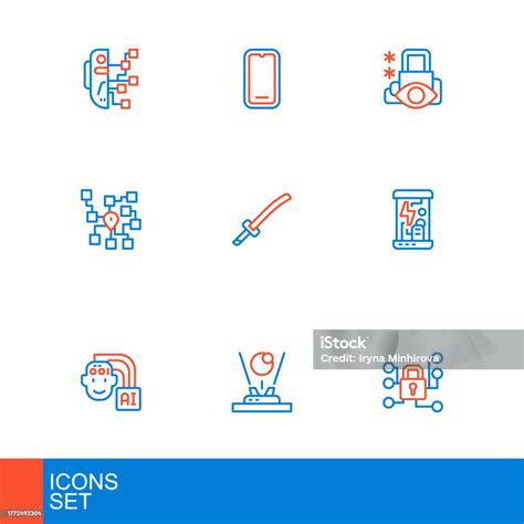사이버 보안 홀로그램 휴머노이드 로봇 극저온 캡슐 신경망 카타나 휴대폰 아이콘을 설정합니다 벡터 아이콘에 대한 스톡 벡터 아트