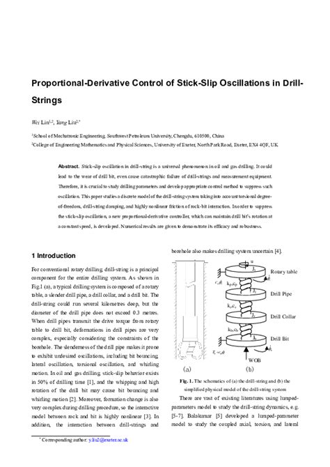 Pdf Proportional Derivative Control Of Stick Slip Oscillations In Drill Strings
