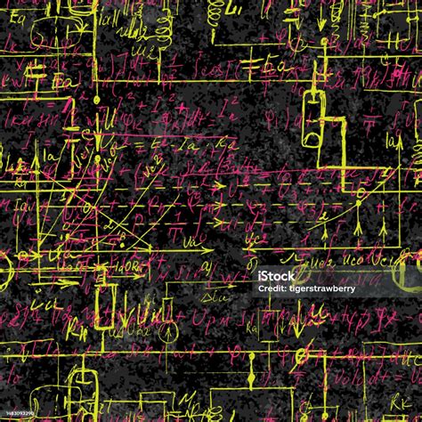 필기 수학 및 실제 수식 전자 부품 회로도와 회로 소자의 과학적인 완벽 한 배경 초 크 보드에 전기 패턴입니다 벡터입니다 개발에 대한 스톡 벡터 아트 및 기타 이미지