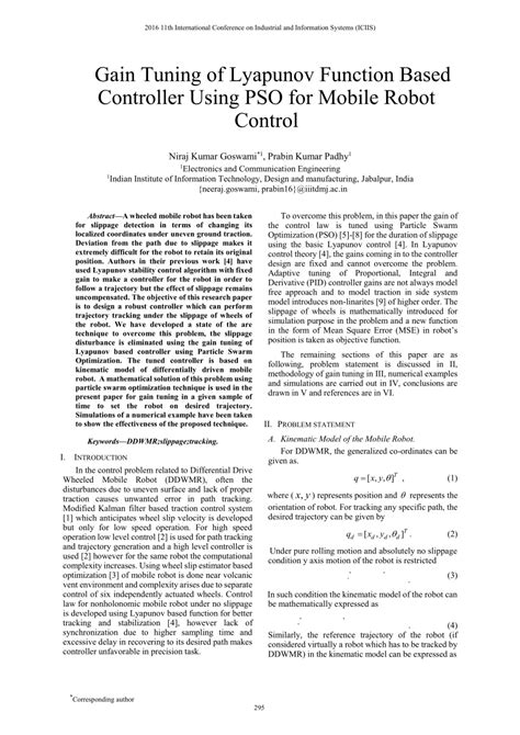 Pdf Gain Tuning Of Lyapunov Function Based Controller Using Pso For