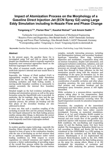 Pdf Impact Of Atomization Process On The Morphology Of A Gasoline Direct Injection Jet Ecn