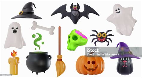 사실적인 만화 스타일의 해피 할로윈 축제 요소 박쥐 거미 고양이 유령 마녀 냄비 두개골 양초 빗자루 뼈 재밌는 캐릭터 컬렉션 밝은 장식입니다 3d 벡터 일러스트레이션을