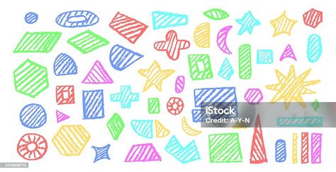 기본 기하학적 도형 집합입니다 원 정사각형 직사각형 삼각형 및 목탄으로 그린 기타 다각형 아이들이 쓴 학교를 위한 음영 기하학적 기호 모음 벡터 일러스트 레이 션 1990