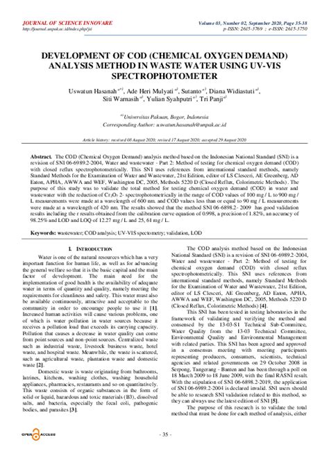 Pdf Development Of Cod Chemical Oxygen Demand Analysis Method In