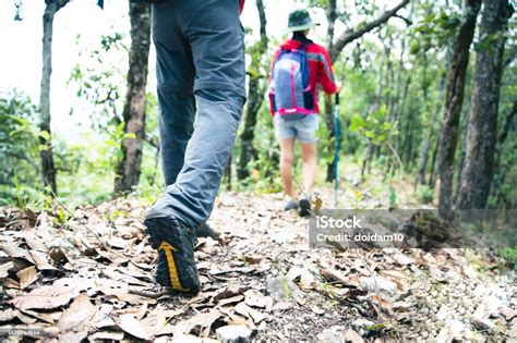 높은 산에서 장엄한 산의 경치를 보는 젊은 관광객 커플 맨 위 바위에 남자와 여자 등산객 사랑에 빠진 두 명의 여행자 사람들은