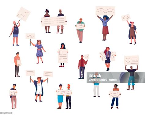 군중 캐릭터에 항의합니다 사람들이 함께 서서 현수막과 현수막을 들고 있다 만화 정치 회의 및 퍼레이드 개념 벡터 시위대 또는