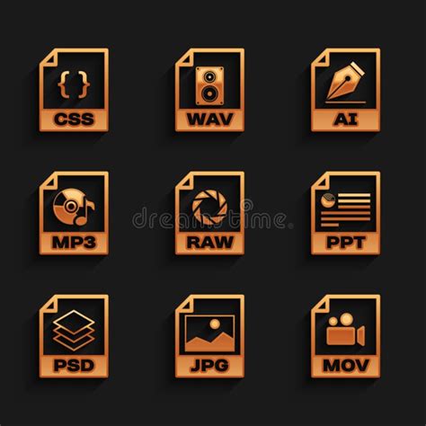 Set RAW File Document MOV PPT PSD And MP3 Icon Vector Stock Vector Illustration Of