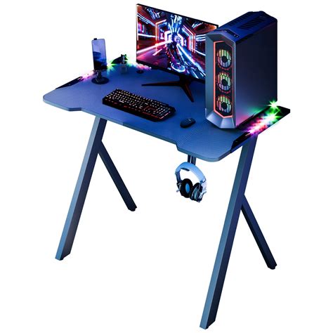 Hicess Gaming Desk With Rgb Led Lights Carbon Fiber Surface Gaming Table Large Gaming Computer