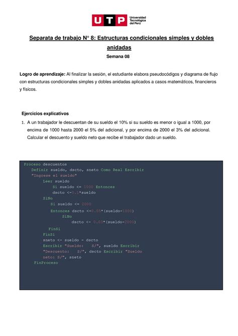 S08s1 Estructuras Condicionales Simples Y Dobles Anidadas Separata De Trabajo N° 8