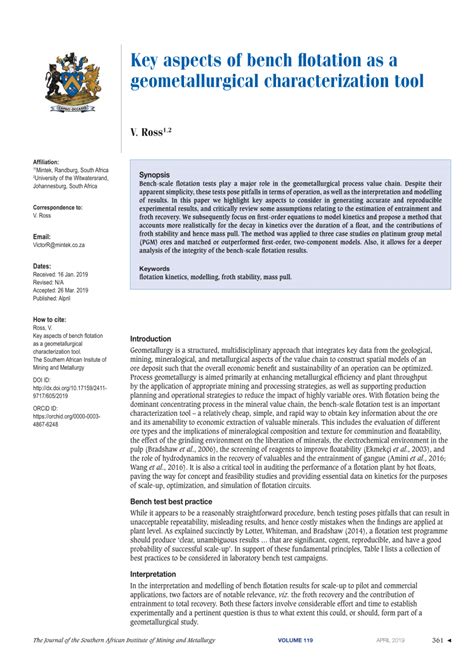 Pdf Key Aspects Of Bench Flotation As A Geometallurgical Characterization Tool