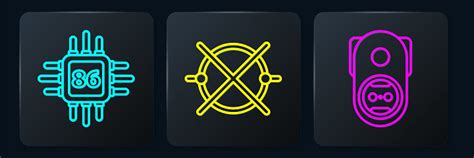 마이크로 회로 Cpu 전기 콘센트 및 전기 회로 구성표로 라인 프로세서를 설정합니다 검은 색 사각형 버튼 벡터 0명에 대한 스톡