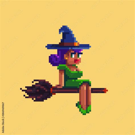Cute Witch On A Broom Pixel Art Style 8 Bit Vector Illustration Stock