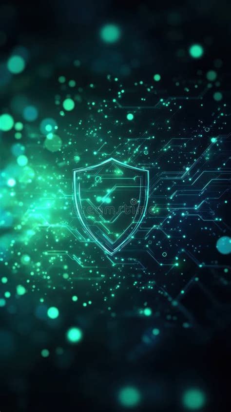 Digital Shield Icon On Glowing Green Background Symbolizes Cybersecurity Stock Illustration