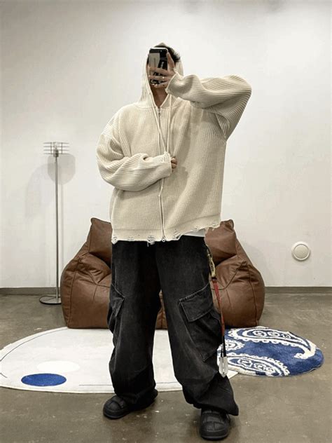 2color 데미지투웨이 니트집업 오버핏후드집업 후드집업 후드니트 니트후드 니트점퍼 후드점퍼 간절기아우터 에이블리