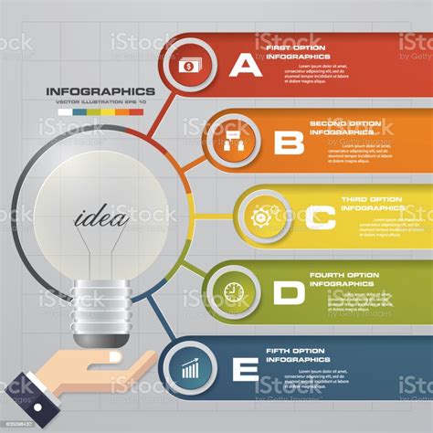 5 단계 생각 프레 젠 테이 션 데이터 샘플 텍스트에 대 한 여유 공간을 디자인 합니다 인포그래픽에 대한 스톡 벡터 아트 및 기타 이미지 인포그래픽 전구 0명