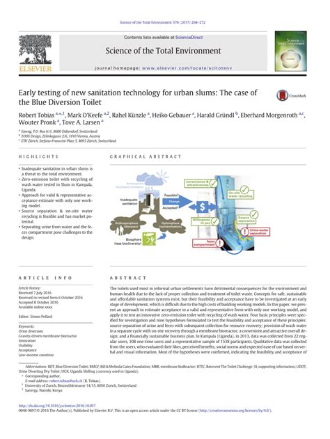Pdf Early Testing Of New Sanitation Technology For Urban Slums The Case Of The Blue Diversion