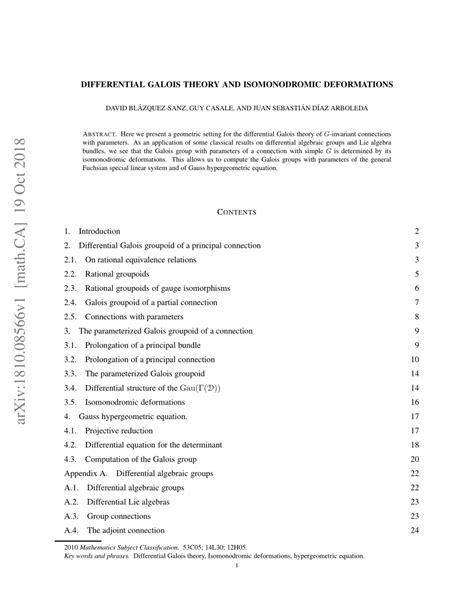 Pdf Differential Galois Theory And Isomonodromic Deformations