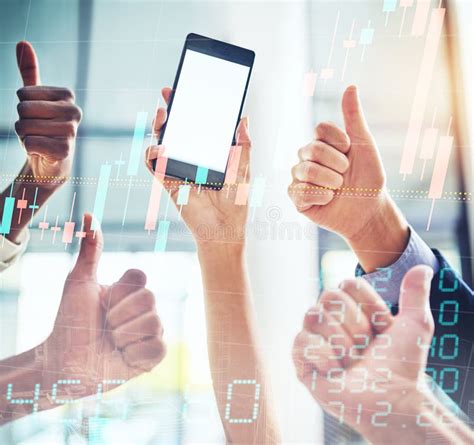 Phone Mockup Overlay And People Data Graphs Or App And Thumbs Up For