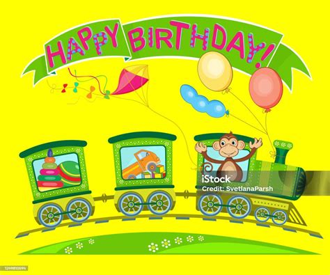 장난감 기차 귀여운 원숭이와 장난감과 화려한 기관차와 마차 장식 레터 링 생일 축하 배너 풍선과 연 어린이를위한 생일 카드 그래픽 스타일이 포함되어 있습니다 생일에 대한