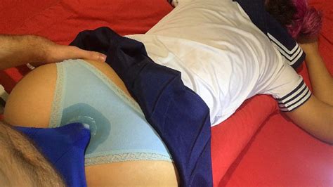 cute girl wearing japanese schoolgirl outfit gets dry humped from behind cum in pants assjob