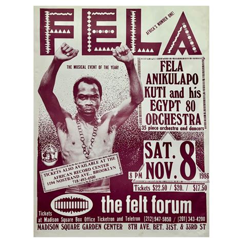 Fela Kuti New York 1986 Concert Poster Fela Kuti New York 1986 For