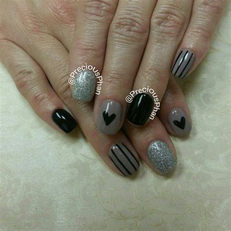 Black And Greys Valentines Day Nails Hearts And Stripes