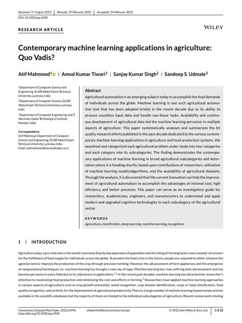 Contemporary Machine Learning Applications In Agriculture Pdf Machine Learning Artificial