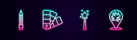 지우개가 있는 선 연필 색상 팔레트 가이드 마술 지팡이 및 페인트 스프레이를 설정합니다 빛나는 네온 아이콘입니다 벡터 교육에 대한 스톡 벡터 아트 및 기타 이미지 Istock