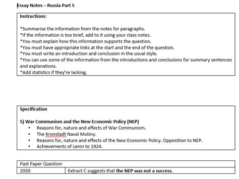 Igcse Paper 2 Russia Part 5 Essay Notes Teaching Resources